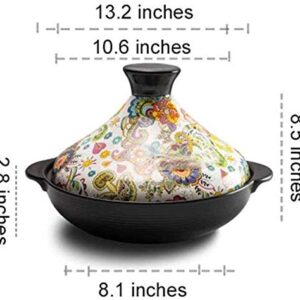 Ceramic Tagine Pot 2L Tajine Pots Flower Pattern|for Braising Slow Cooking|Ceramic Casserole Tagine Pot with Lid for Cooking Healthy Food