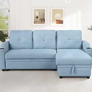 Merax 80.3'' Reversible Sleeper Sectional Sofa Couch with Pull-Out Sleeper, Corner Sofa Bed with Storage Chaise and Two Cup-Holders for Living Room Furniture Set (Blue)