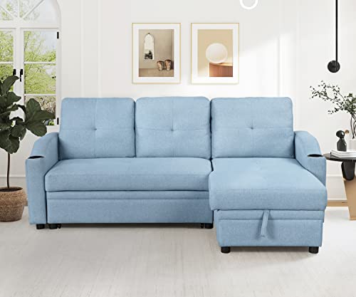 Merax 80.3'' Reversible Sleeper Sectional Sofa Couch with Pull-Out Sleeper, Corner Sofa Bed with Storage Chaise and Two Cup-Holders for Living Room Furniture Set (Blue)