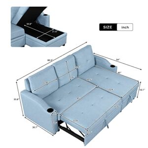 Merax 80.3'' Reversible Sleeper Sectional Sofa Couch with Pull-Out Sleeper, Corner Sofa Bed with Storage Chaise and Two Cup-Holders for Living Room Furniture Set (Blue)