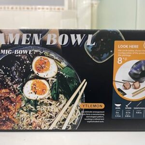 YTLEMON Ramen Bowls Set of Ceramic, 2 Sets of 34 Ounces Large Japanese Serving Bowls with Chopsticks and Spoons Forks, Dinnerware for New Apartments Suitable as Housewarming Gifts (A: Blue)