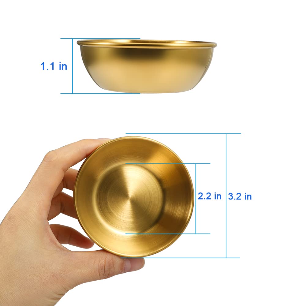 Amytalk 8 Pack 3.2inch Stainless Steel Sauce Dishes Mini Individual Saucers Bowl Round Seasoning Dishes Sushi Dipping Bowl Appetizer Plates, Golden