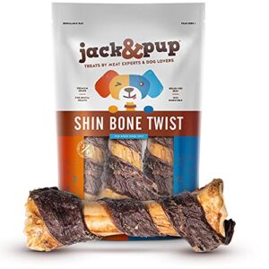 jack&pup shin twist bones for dogs long lasting | 8-11" large dog chew bones for aggressive chewers | savory, smoked beef shin bone (3 pack)