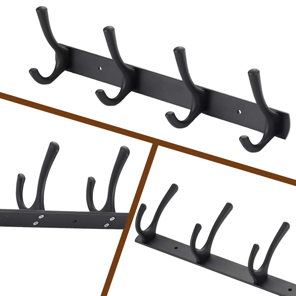 Spotact Wall Mount Coat Hook 2 Packs Aluminum Alloy Dual Black Hooks Clothes Rack 13.8 x 1.3” Hanging Jackets Caps Bags Dog Leash Towels and Keys (4 Hooks(2 Packs))