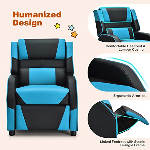 Giantex Kids Recliner, Gaming Recliner Chair with Footrest, Headrest & Lumbar Support, Ergonomic Leather Lounge Chair Toddler Furniture, Adjustable Racing Style Recliner Sofa for Boys Girls, Blue