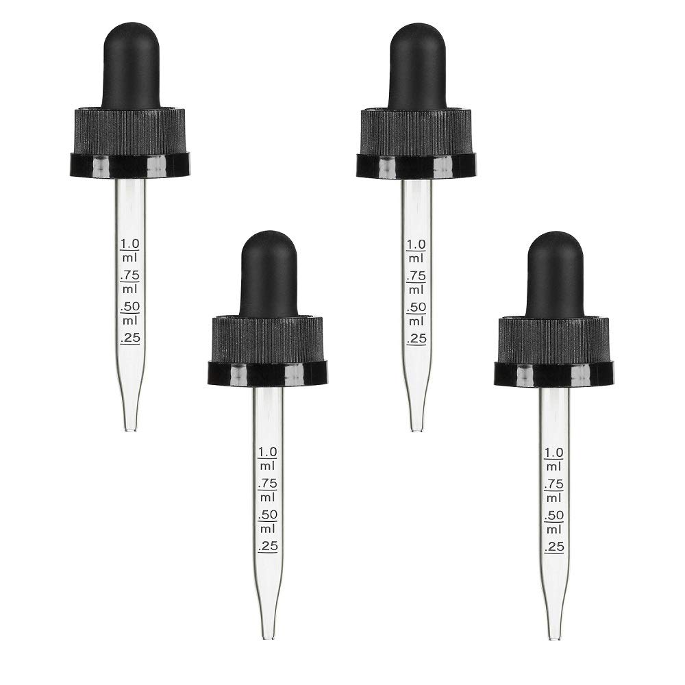 Comfort Axis Child Resistant Calibrated Glass Eye Dropper for 1/2 oz Bottle, Black, 18-400 Neck Finish, 1 mL Capacity (4 Pack)