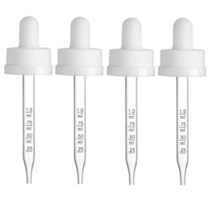 comfort axis calibrated glass eye dropper caps for 1 oz/ 30 ml bottle, white, 20-400 neck finish (4 pack)