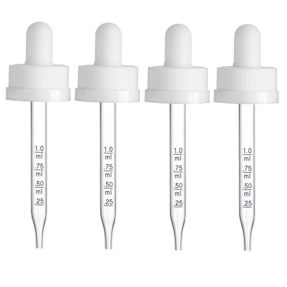 Comfort Axis Calibrated Glass Eye Dropper Caps for 1 oz/ 30 ml Bottle, White, 20-400 Neck Finish (4 Pack)