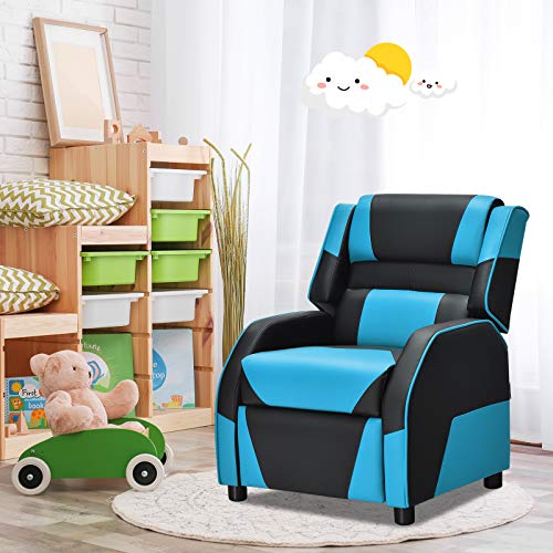 Giantex Kids Recliner, Gaming Recliner Chair with Footrest, Headrest & Lumbar Support, Ergonomic Leather Lounge Chair Toddler Furniture, Adjustable Racing Style Recliner Sofa for Boys Girls, Blue