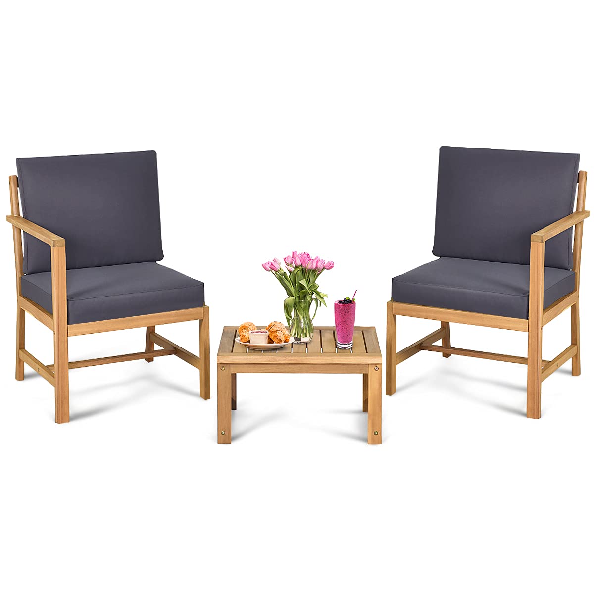 DORTALA Acacia Wood Patio Set, 3-Piece Wooden Love Seat with Cushions &Table, 2-Seater Outdoor Furniture Set, Patio Conversation Set for Garden Backyard Balcony Patio Poolside