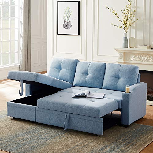 Merax 80.3'' Reversible Sleeper Sectional Sofa Couch with Pull-Out Sleeper, Corner Sofa Bed with Storage Chaise and Two Cup-Holders for Living Room Furniture Set (Blue)