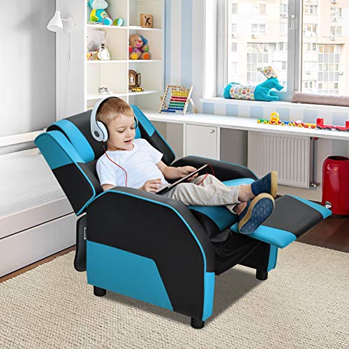 Giantex Kids Recliner, Gaming Recliner Chair with Footrest, Headrest & Lumbar Support, Ergonomic Leather Lounge Chair Toddler Furniture, Adjustable Racing Style Recliner Sofa for Boys Girls, Blue