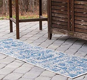 Unique Loom Outdoor Traditional Collection Area Rug - Timeworn (2' x 8' Runner, Blue/ Gray)