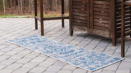 Unique Loom Outdoor Traditional Collection Area Rug - Timeworn (2' x 8' Runner, Blue/ Gray)