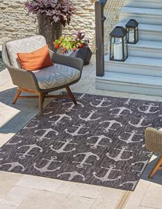 unique loom outdoor coastal collection area rug - ahoy (4' 1" x 6' 1" rectangle, charcoal/ ivory)