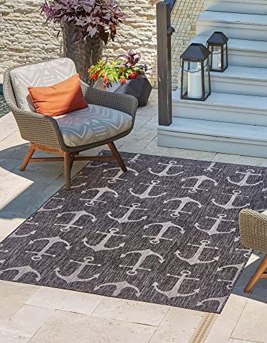 Unique Loom Outdoor Coastal Collection Area Rug - Ahoy (4' 1" x 6' 1" Rectangle, Charcoal/ Ivory)