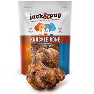 jack&pup knuckle dog bones for aggressive chewers | roasted beef dog bones for large dogs | large meaty dog treats - all natural gourmet dog treat chews (4 pack)