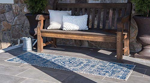 Unique Loom Outdoor Traditional Collection Area Rug - Timeworn (2' x 8' Runner, Blue/ Gray)