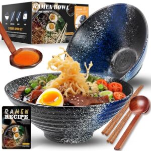 ytlemon ramen bowls set of ceramic, 2 sets of 34 ounces large japanese serving bowls with chopsticks and spoons forks, dinnerware for new apartments suitable as housewarming gifts (a: blue)