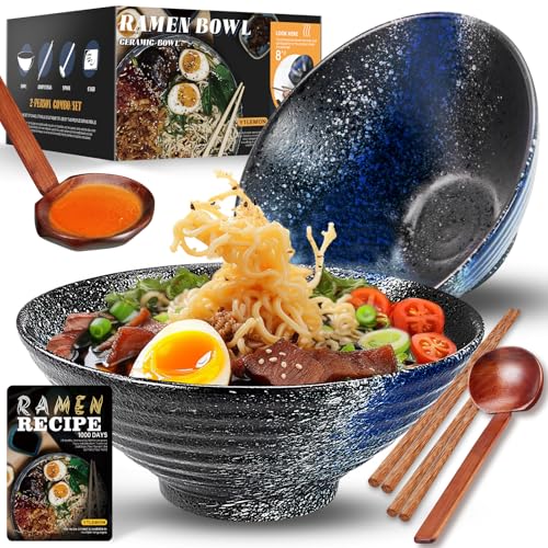 YTLEMON Ramen Bowls Set of Ceramic, 2 Sets of 34 Ounces Large Japanese Serving Bowls with Chopsticks and Spoons Forks, Dinnerware for New Apartments Suitable as Housewarming Gifts (A: Blue)