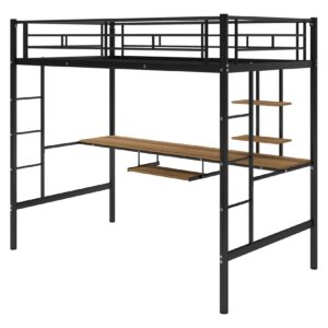 Metal Loft Bed Studio Loft Bunk Bed Over Desk and Bookcase with 2 Ladders and Keyboard Tray,Twin Loft Bed for Dorm, Boys & Girls Teens Kids, Black