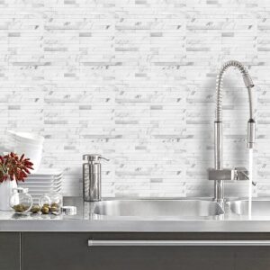 DICOFUN 10-Sheet Peel and Stick Backsplash Tile, Faux White Marble Look PVC Mixed Metal Stick on Backsplash Tiles for Kitchen, 9.4 sq.ft