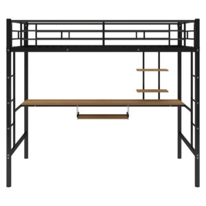 Metal Loft Bed Studio Loft Bunk Bed Over Desk and Bookcase with 2 Ladders and Keyboard Tray,Twin Loft Bed for Dorm, Boys & Girls Teens Kids, Black