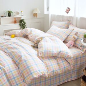 BlueBlue Rainbow Duvet Cover Set Queen 100% Cotton Bedding for Kids Boys Girls Teens Woman Colorful Geometric Check Grid 1 Rainbow Plaid Comforter Cover Full Zipper Ties 2 Pillowcases Queen