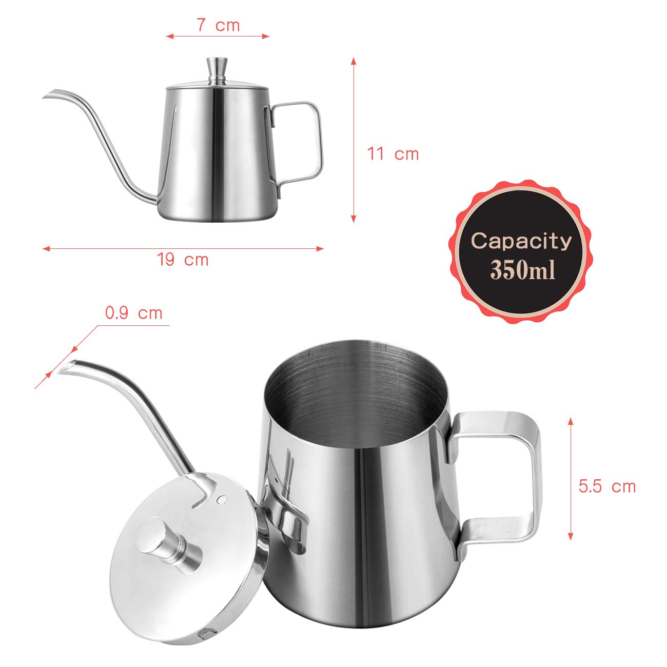 GWHOLE Small Pour Over Gooseneck Coffee Kettle Long Narrow Drip Spout Coffee Tea Pot for Stove Top - Silver, 350ML/12 Oz