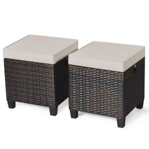 dortala 2 piece patio wicker ottomans, 2 in 1 outdoor pe rattan side table & footstool foot rest with cushions for couch, chair, brown