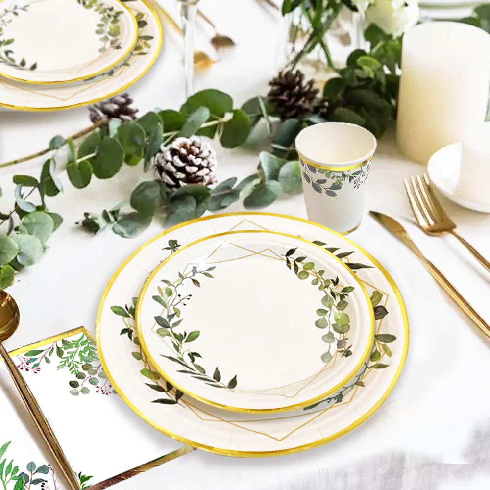 Ola Memoirs Greenery Safari Plates and Napkins for 24 Boho Party Supplies Jungle Theme Baby Shower Paper Disposable Cups Birthday Decorations Bridal Floral Tropical Wedding Gold Green Decor Boy Girl