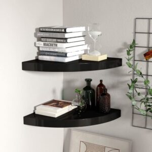 vidaXL Modern Floating Corner Shelves - 2 pcs Black 13.8"x13.8"x1.5" MDF Wall Display Shelf for Books, Decoratives, Photos