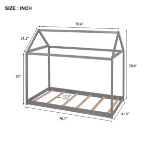 Twin Size House Bed, Wooden Daybed, Floor Bed for Toddlers, Teens, Girls, Boys, Kids House Bed Frame Can Be Decorated (Gray)