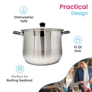 Professional Stainless Steel Stock Pot for Soup, Stock & Pasta with Glass Lid Encapsulated Base Gas Induction Capable - 12 qt size