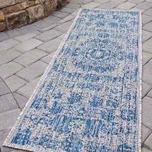 Unique Loom Outdoor Traditional Collection Area Rug - Timeworn (2' x 8' Runner, Blue/ Gray)