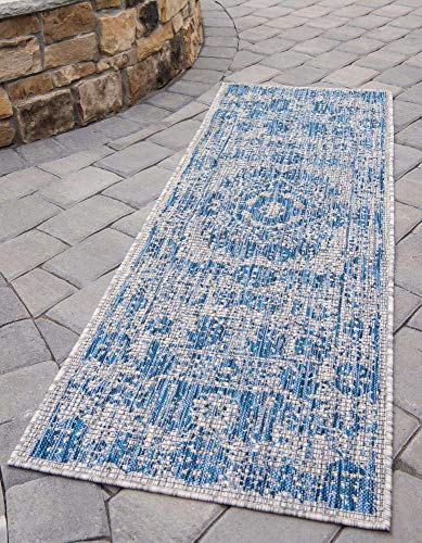 Unique Loom Outdoor Traditional Collection Area Rug - Timeworn (2' x 8' Runner, Blue/ Gray)