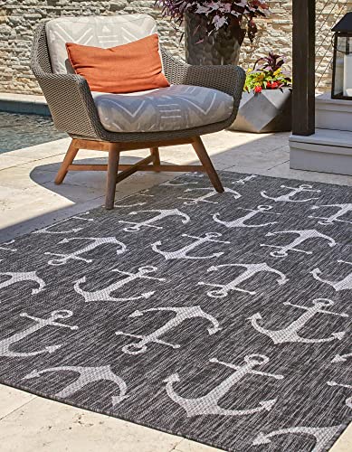 Unique Loom Outdoor Coastal Collection Area Rug - Ahoy (4' 1" x 6' 1" Rectangle, Charcoal/ Ivory)