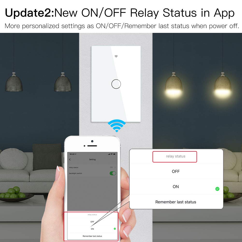 MoesGo 2nd Generation WiFi RF433 Smart Touch Wall Single Fire Smart Switch，No Neutral Wire Needed,Compatible with Smart Life/Tuya App, Works with Alexa and Google Home Single Pole 110V White 1 Gang