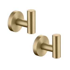 tastos brushed gold bathroom towel coat hook stainless steel, 2 pack robe clothes cabinet closet sponges hooks holder round style heavy duty wall hook for bathroom kitchen hotel wall mounted