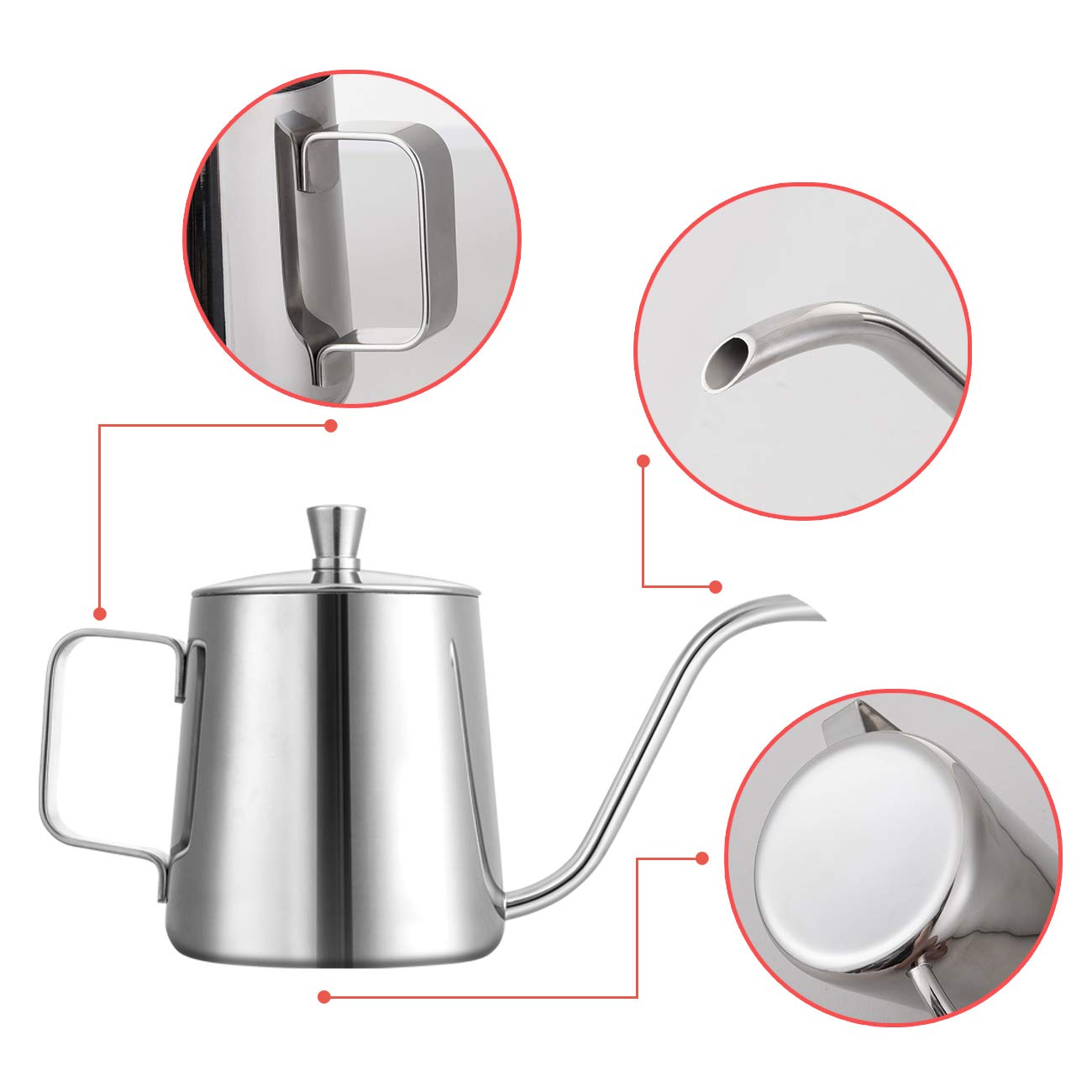 GWHOLE Small Pour Over Gooseneck Coffee Kettle Long Narrow Drip Spout Coffee Tea Pot for Stove Top - Silver, 350ML/12 Oz