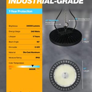 Sunco UFO LED High Bay Light, Lighting for Warehouse, 6000K Daylight Deluxe, 240W, 34800 LM, 100-277V, Dimmable 0-10V, IP65 Waterproof Weatherproof, Super Bright, UL 2 Pack