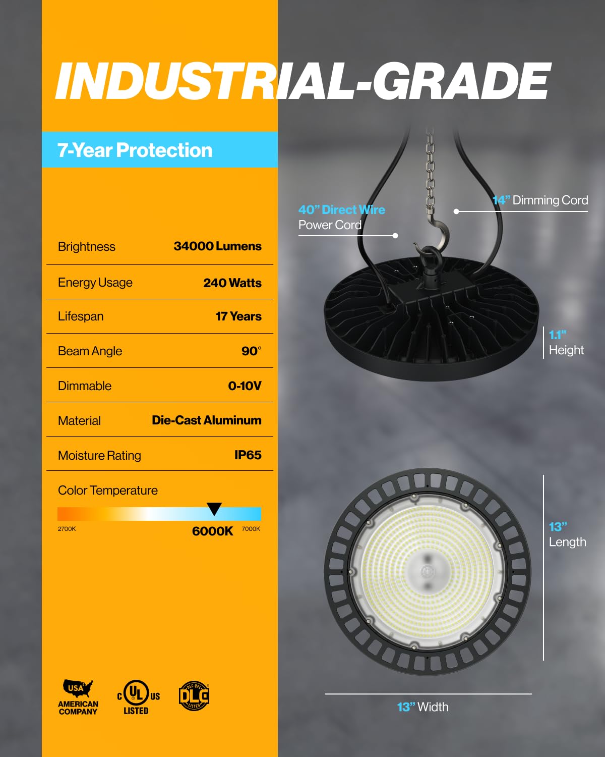 Sunco UFO LED High Bay Light, Lighting for Warehouse, 6000K Daylight Deluxe, 240W, 34800 LM, 100-277V, Dimmable 0-10V, IP65 Waterproof Weatherproof, Super Bright, UL 2 Pack