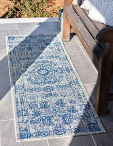 unique loom outdoor traditional collection area rug - timeworn (2' x 8' runner, blue/ gray)