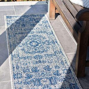 Unique Loom Outdoor Traditional Collection Area Rug - Timeworn (2' x 8' Runner, Blue/ Gray)