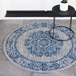 unique loom outdoor traditional collection area rug - timeworn (5' 3" round, blue/ gray)