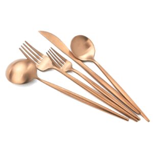 gugrida copper gold flatware, royal 20 pieces luxury matte finish 18/10 stainless steel tableware sets for 4 including forks spoons knives, camping silverware travel utensils set cutlery (rose gold)