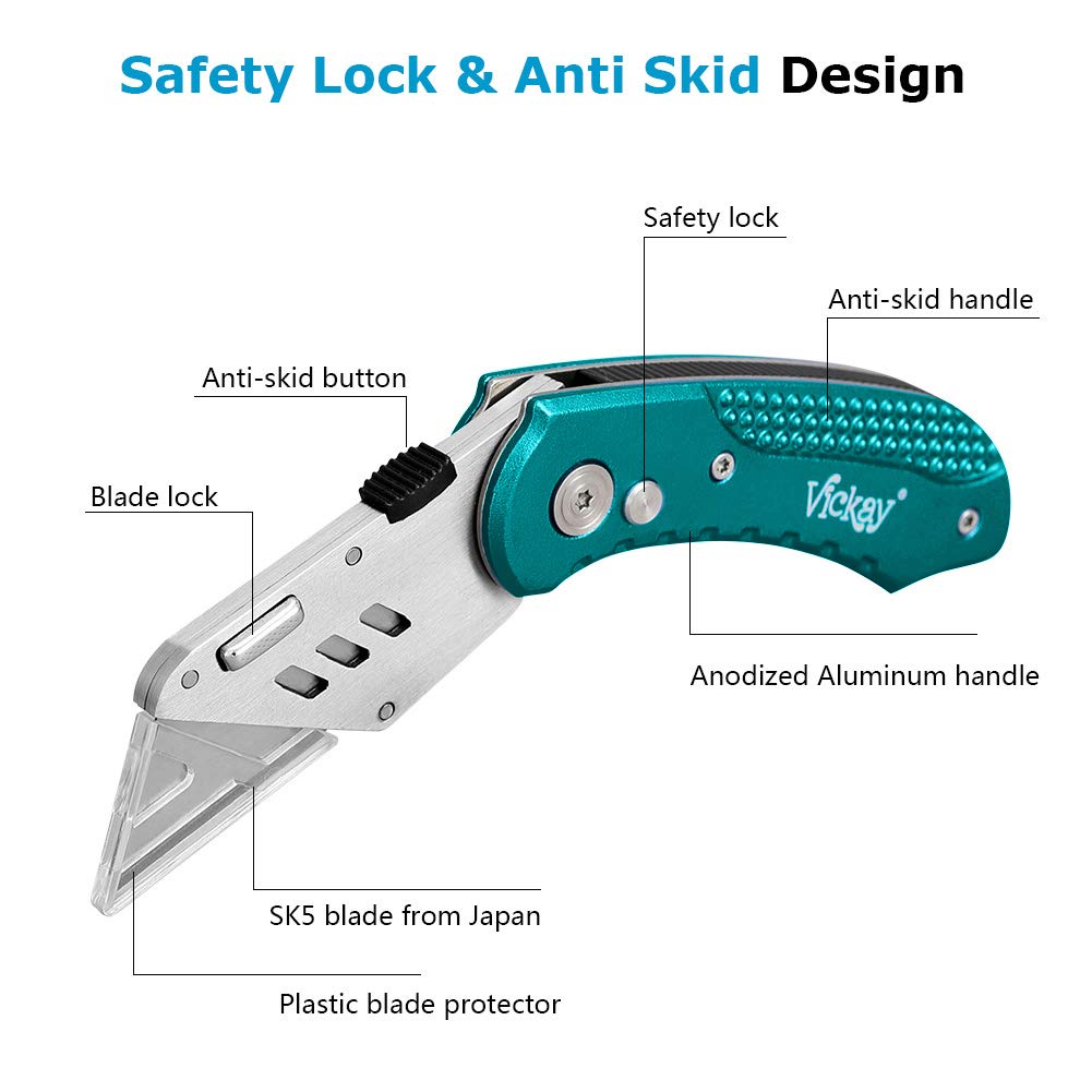 Vickay Box Cutter Knife Utility Knife with 5 SK5 Quick Change Blades, Safety Axis Lock Design Razor Knife, Lightweight Aluminum Body Belt Clip for Office