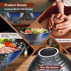 YTLEMON Ramen Bowls Set of Ceramic, 2 Sets of 34 Ounces Large Japanese Serving Bowls with Chopsticks and Spoons Forks, Dinnerware for New Apartments Suitable as Housewarming Gifts (A: Blue)