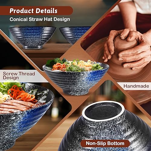 YTLEMON Ramen Bowls Set of Ceramic, 2 Sets of 34 Ounces Large Japanese Serving Bowls with Chopsticks and Spoons Forks, Dinnerware for New Apartments Suitable as Housewarming Gifts (A: Blue)