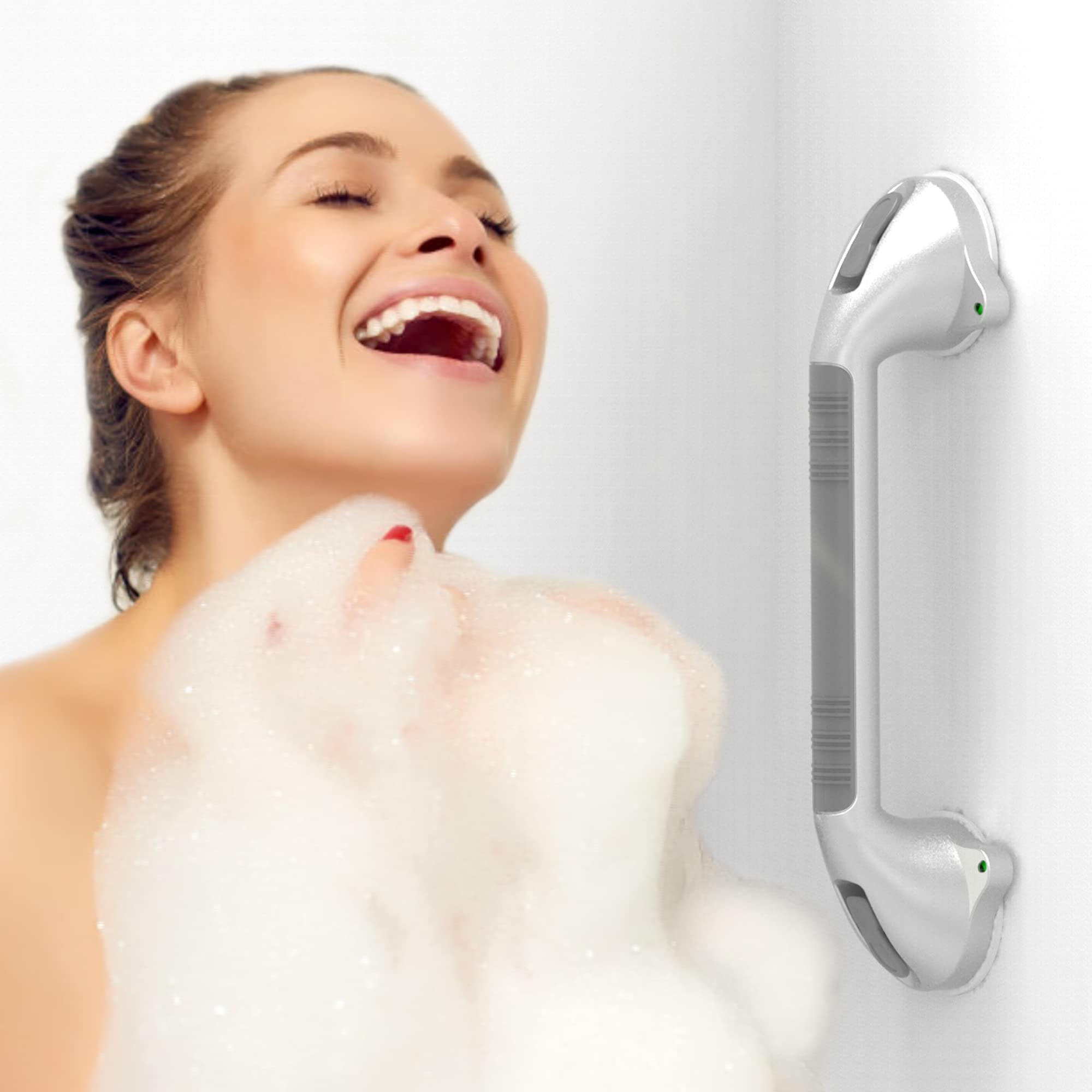 SAFETY+BEAUTY Suction Shower Grab Bar, Bath Tub Handle with Indicator, Anti-Slip Grip, Metallic Silver Dual Tone (Grey, 17 inch)